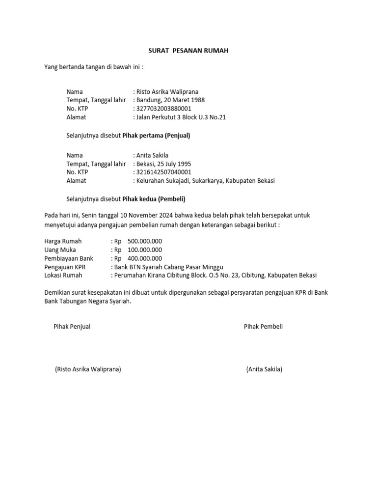 Surat Pesanan Rumah (SPR) Kirana Cibitung | PDF