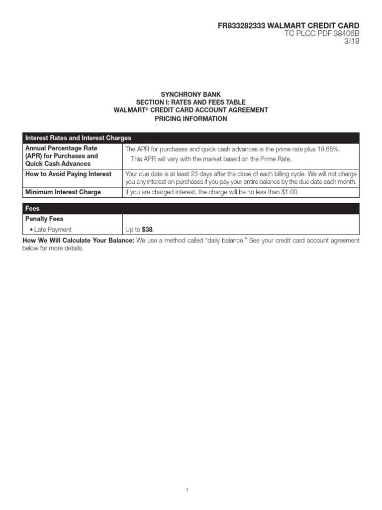Walmart Credit Card Account Agreement and Pricing Information | PDF ...