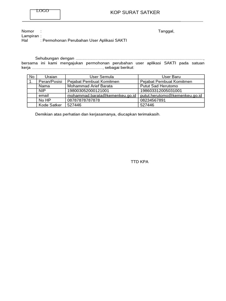 Form Surat Perubahan User SAKTI | PDF