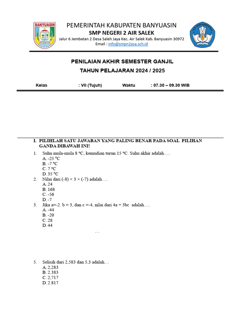 Soal Pas MTK Kelas 7 | PDF