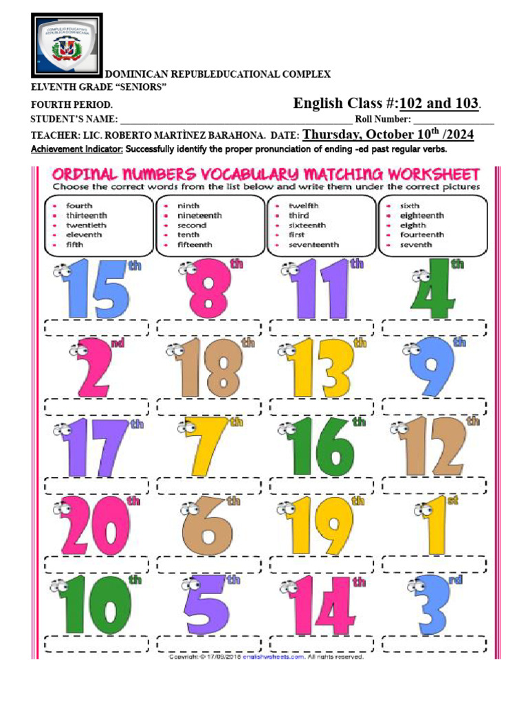 11TH Ordinal Numbers Worksheets October 10-.10 - 2024 High School | PDF