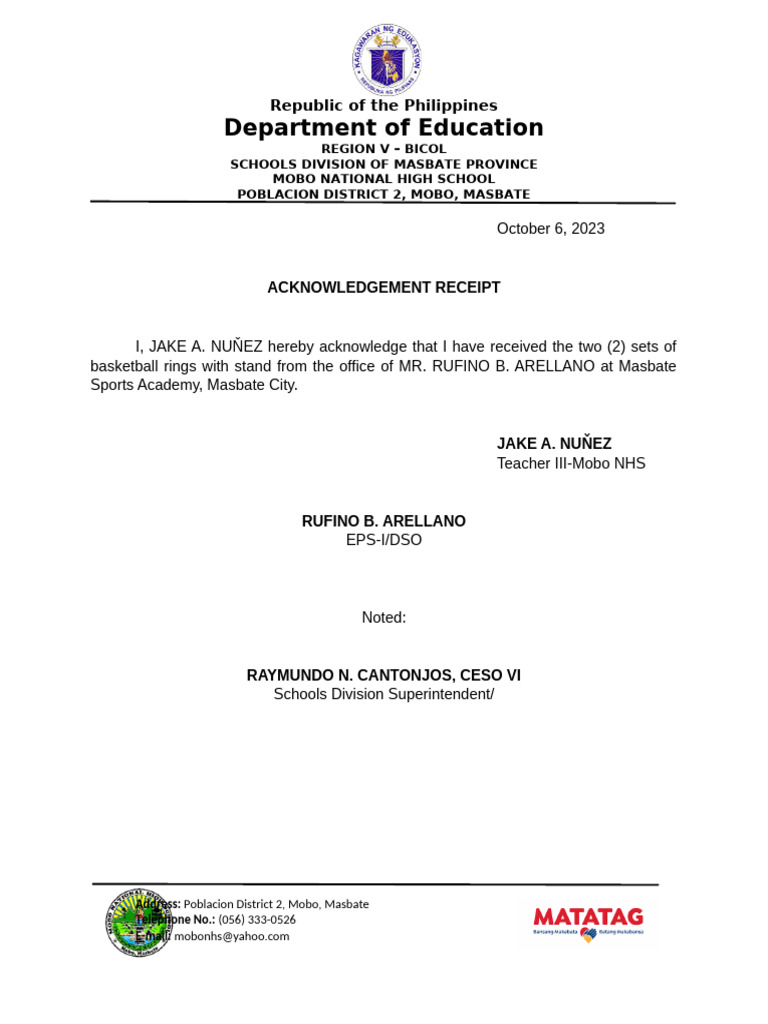 Acknowledgment Receipt for Basketball Rings | PDF