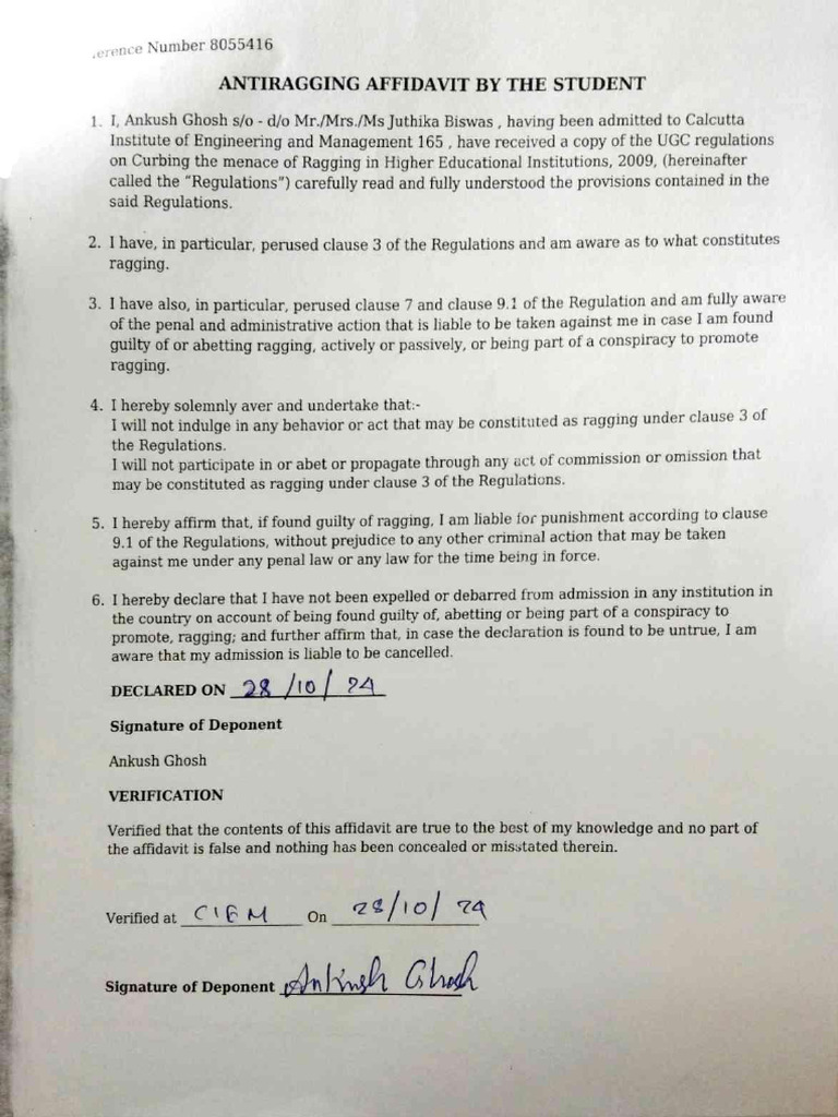 Anti ragging, CIEM.. | PDF | Affidavit | Civil Law (Common Law)