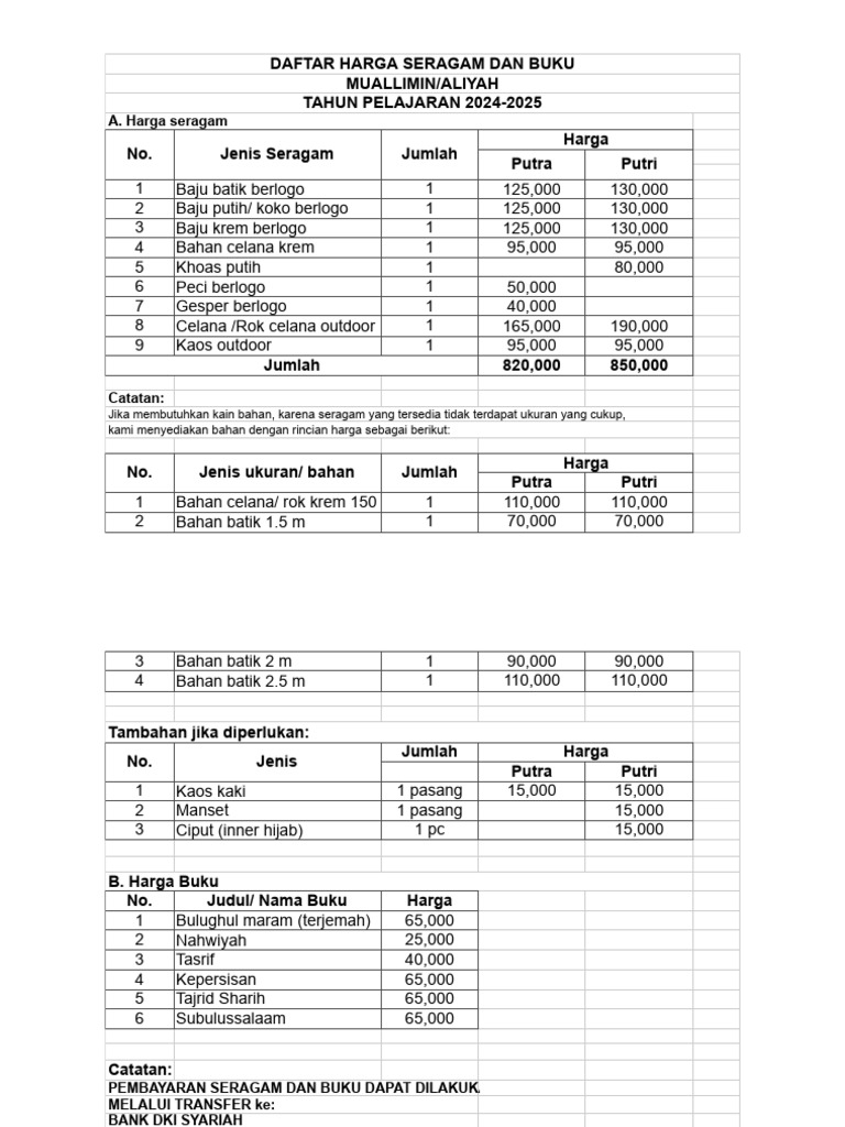 Tabel Harga Seragam Dan Buku MA | PDF