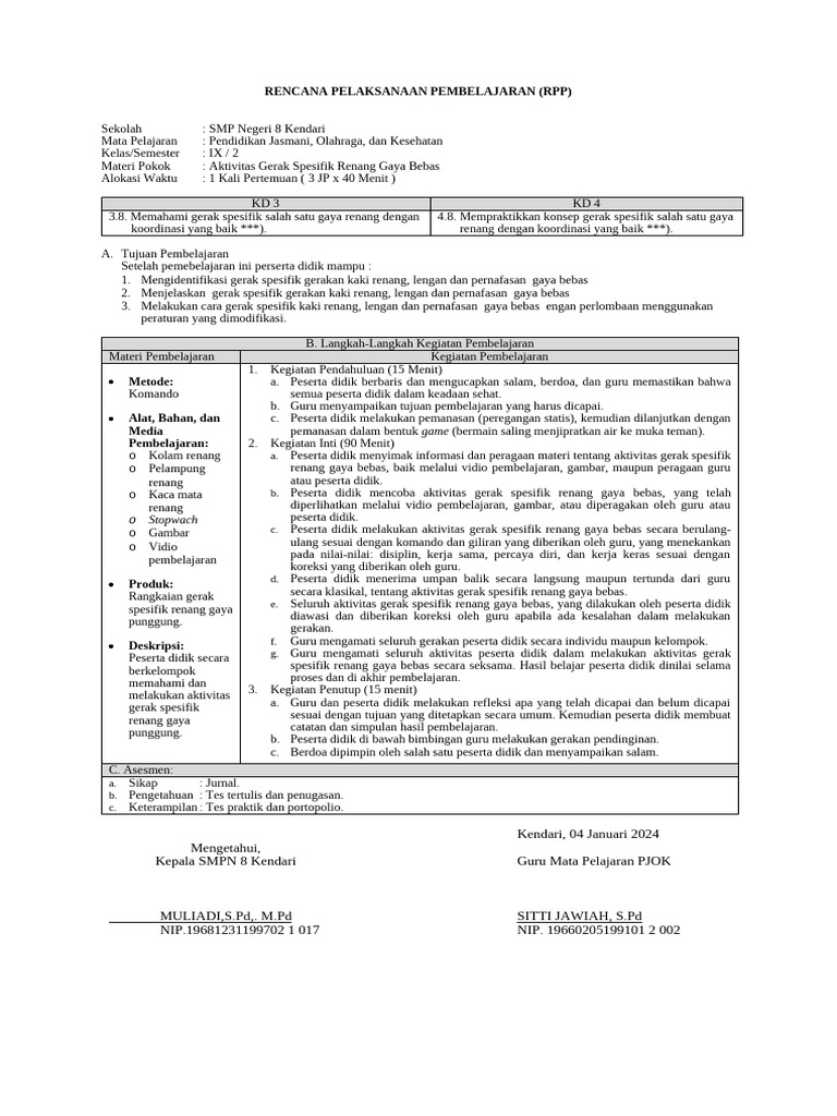 RPP 8 Renang Gaya Bebas | PDF