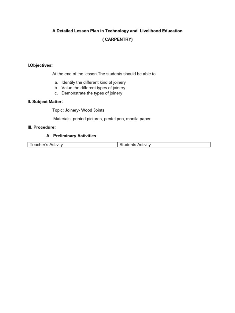 Carpentry Joinery Lesson Plan | PDF