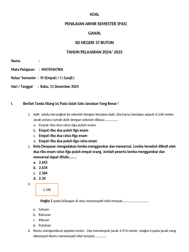 Soal Matematika Kelas 4 PAS 2024 Ibu Aci | PDF