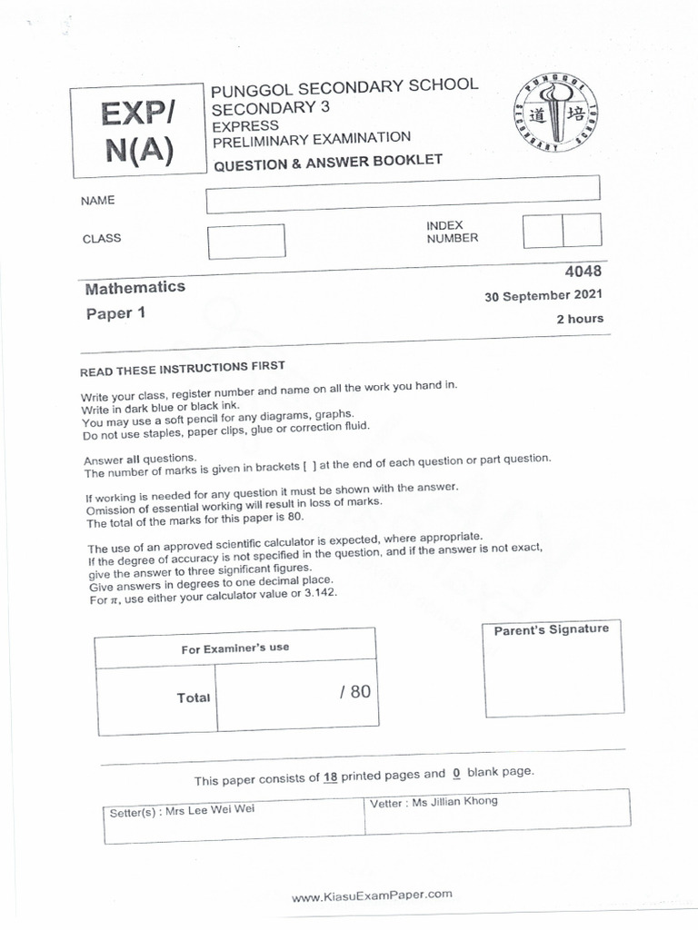 8. Sec 3 2021 E-Math Punggol EOY[1] | PDF