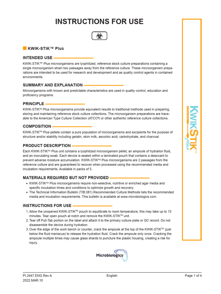 KWIK-STIK™ Plus Microorganism Instructions | PDF | Laboratories