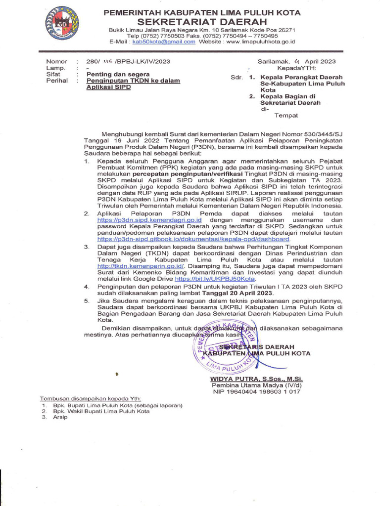 Surat Sekda Ke SKPD Penginputan P3DN Ke Aplikasi SIPD | PDF