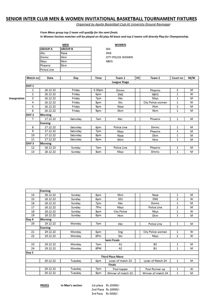 Senior Inter Club Basketball Tournament Fixtures | PDF | Sports ...