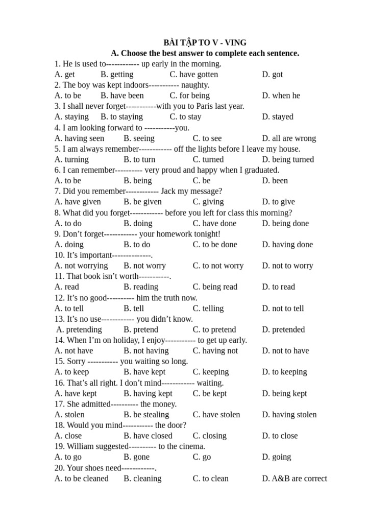 BÀI TẬP TO V, Ving | PDF