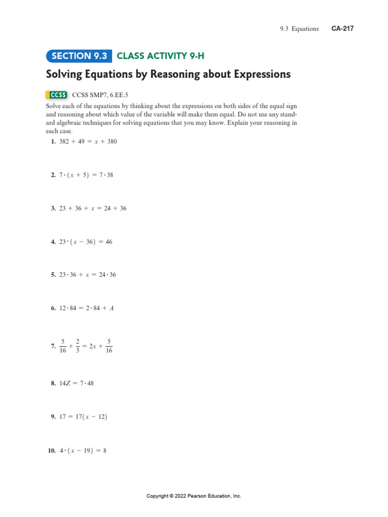 9-H Solving Equations by Reasoning About Expressions | PDF