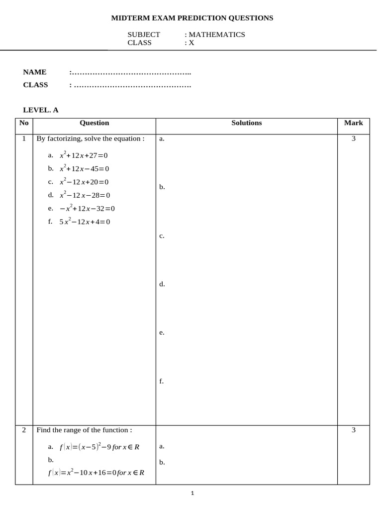 Math Midterm Exam Prediction Questions | PDF | Quadratic Equation | Elementary Mathematics