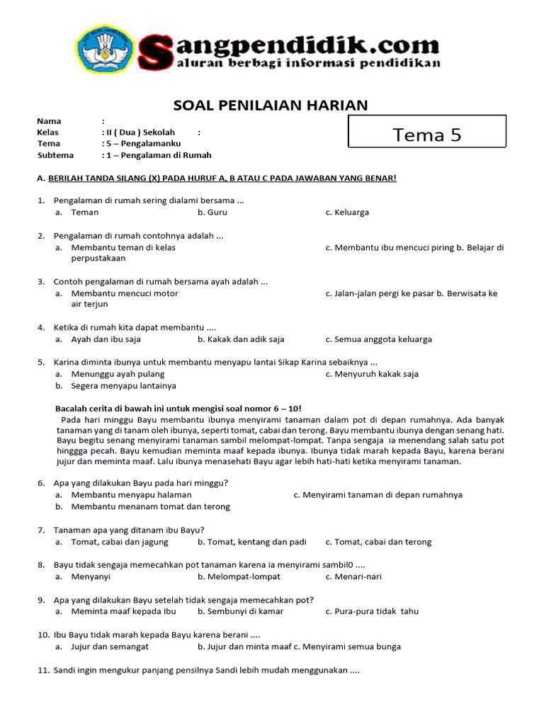 Soal K13 Kelas 2 SD Tema 5 Subtema 1 Pengalaman Di Rumah Dan Kunci Jawaban 2 | PDF