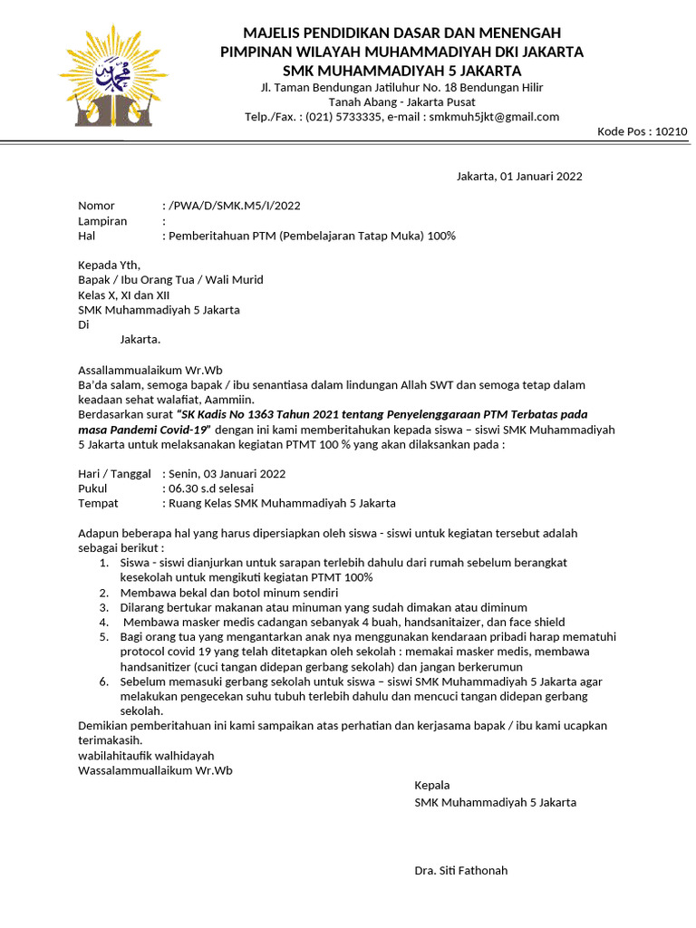 SURAT PEMBERITAHUAN PTMT | PDF