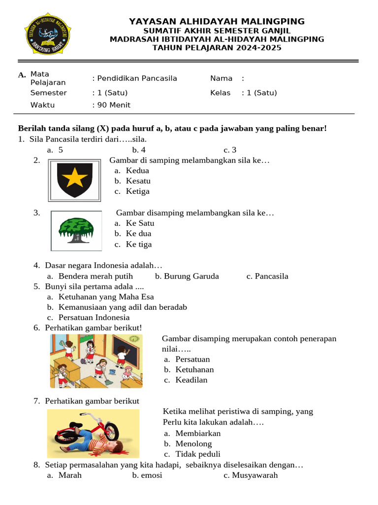 Soal Sas Kelas 1 Pendidikan Pancasila | PDF
