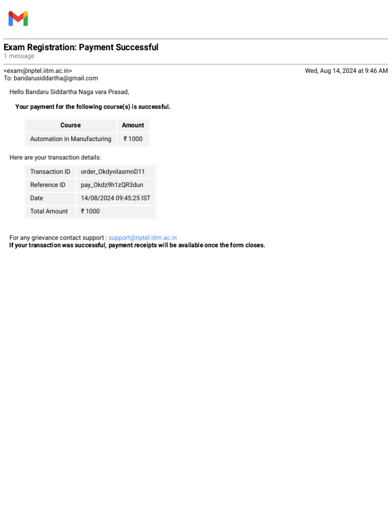 Gmail - Exam Registration_ Payment Successful | PDF