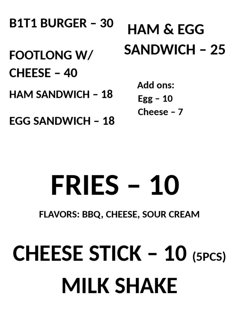 Menu Items and Prices for B1T1 | PDF