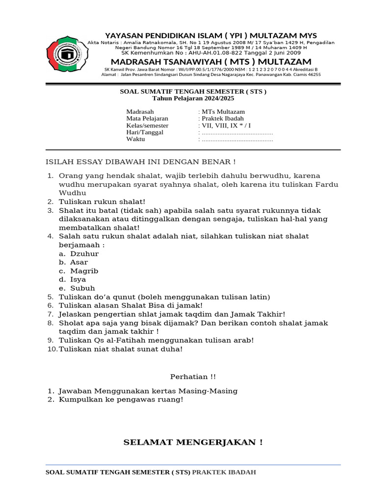 SOAL ASAS Praktek Ibadah Smt Ganjil 2023-2024 | PDF