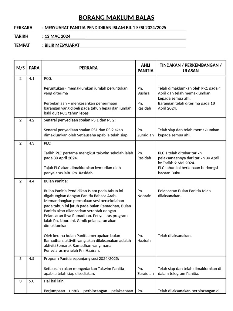 Borang Maklum Balas Mesyuarat | PDF