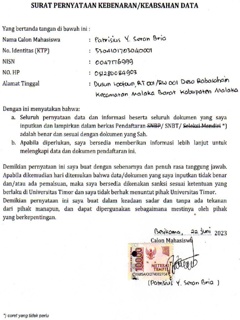 Surat Pernyataan Keabsahan Data | PDF