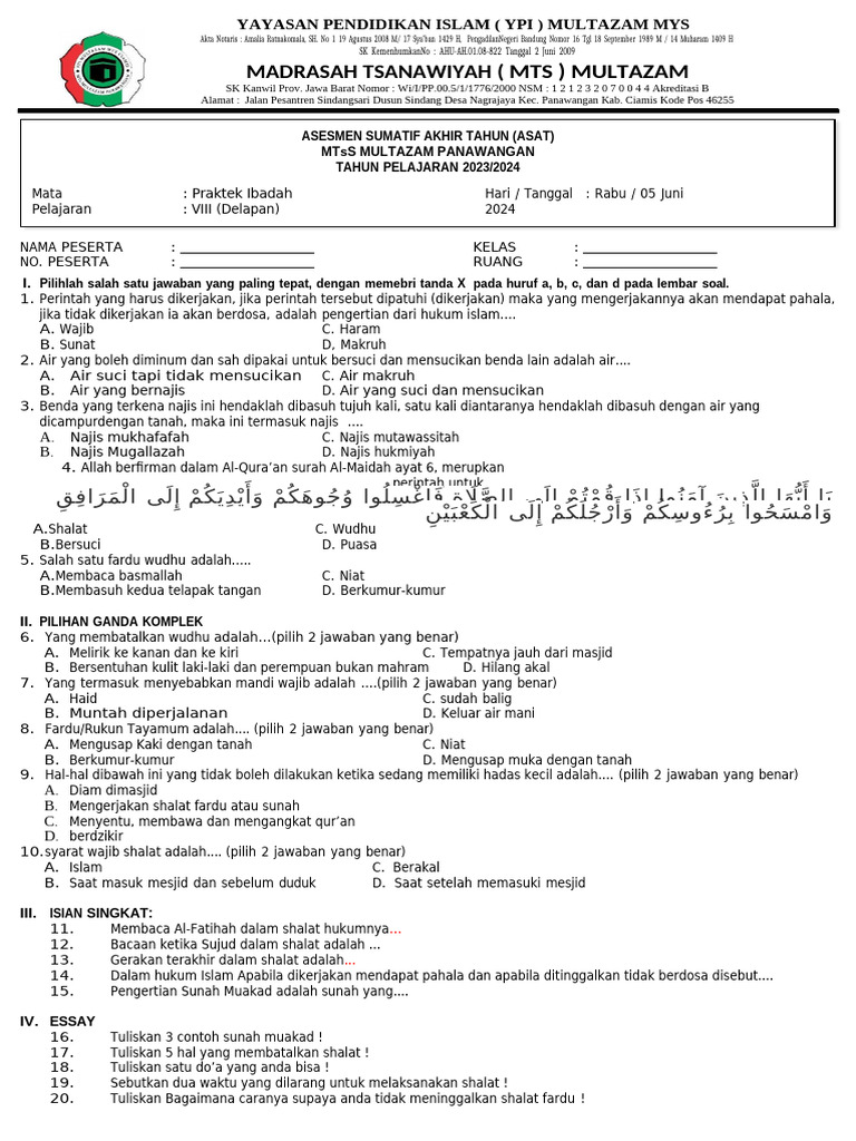 Soal ASAT Praktek Ibadah Kelas 8 | PDF