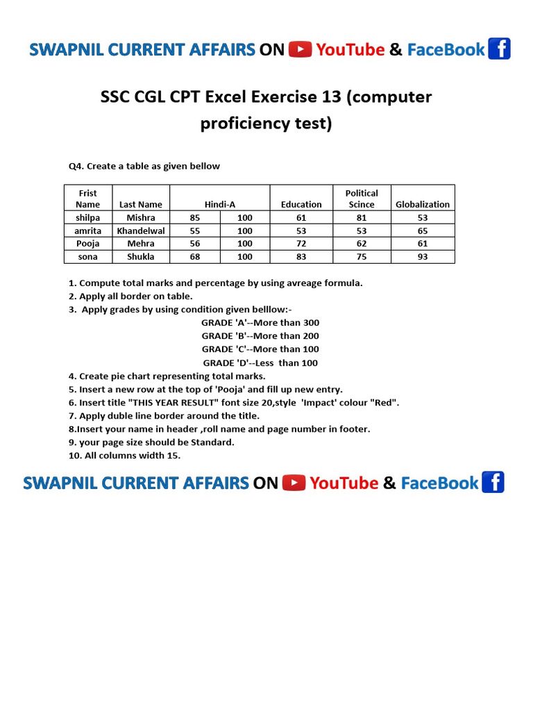 Excel Exercise 13 Computer Proficiency Test | PDF
