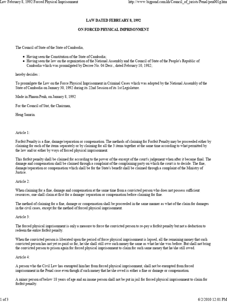 Law Dated February 8, 1992 On Forced Physical Imprisonment | PDF | Fine ...
