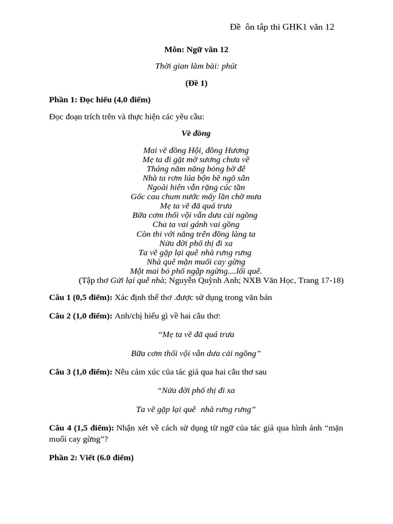 Đề Ôn Tập Văn 12 GK1 | PDF