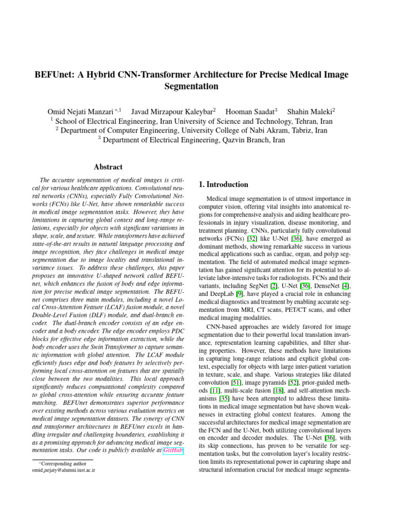 A Hybrid CNN-Transformer Architecture for Precise Medical Image Segmentation | PDF | Image ...
