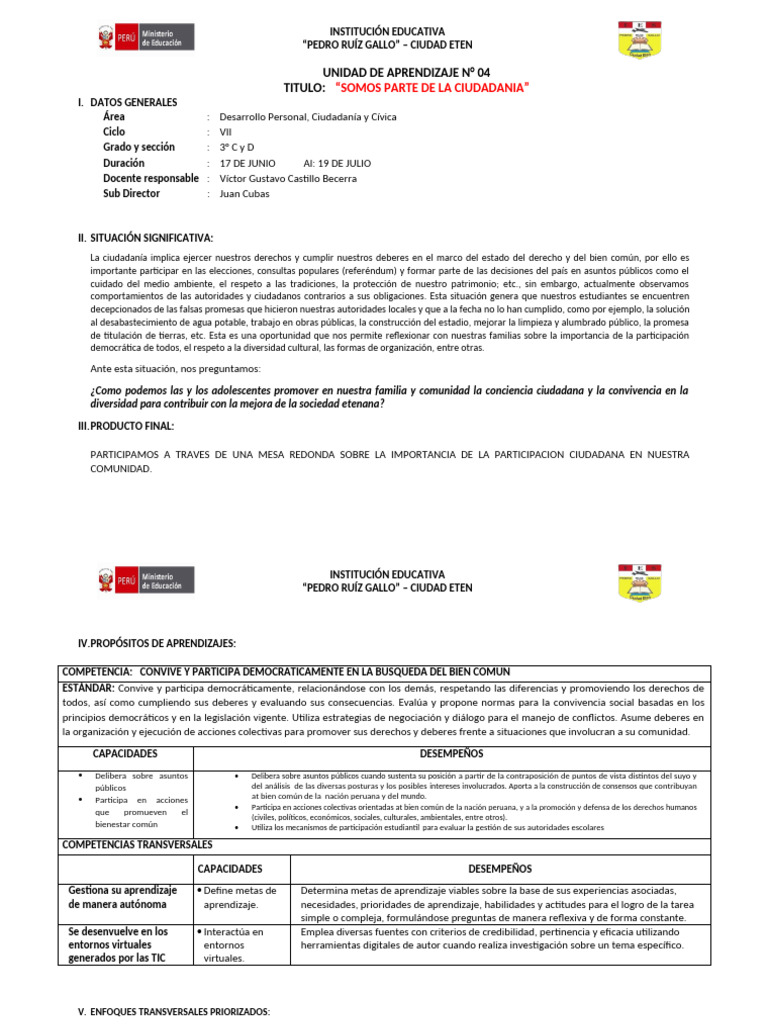 UNIDAD DE APRENDIZAJE N° 4 DPCC | PDF | Aprendizaje | Democracia