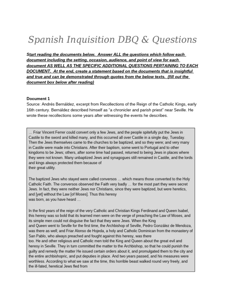Spanish Inquisition DBQ & Questions (2) | PDF | Inquisition | Heresy