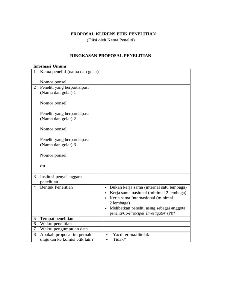 Proposal Pengajuan Klirens Etik Penelitian 1 | PDF