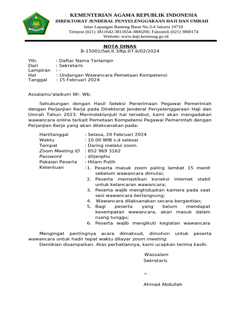 Nota Dinas Undangan Wawancara PPPK 2023 | PDF