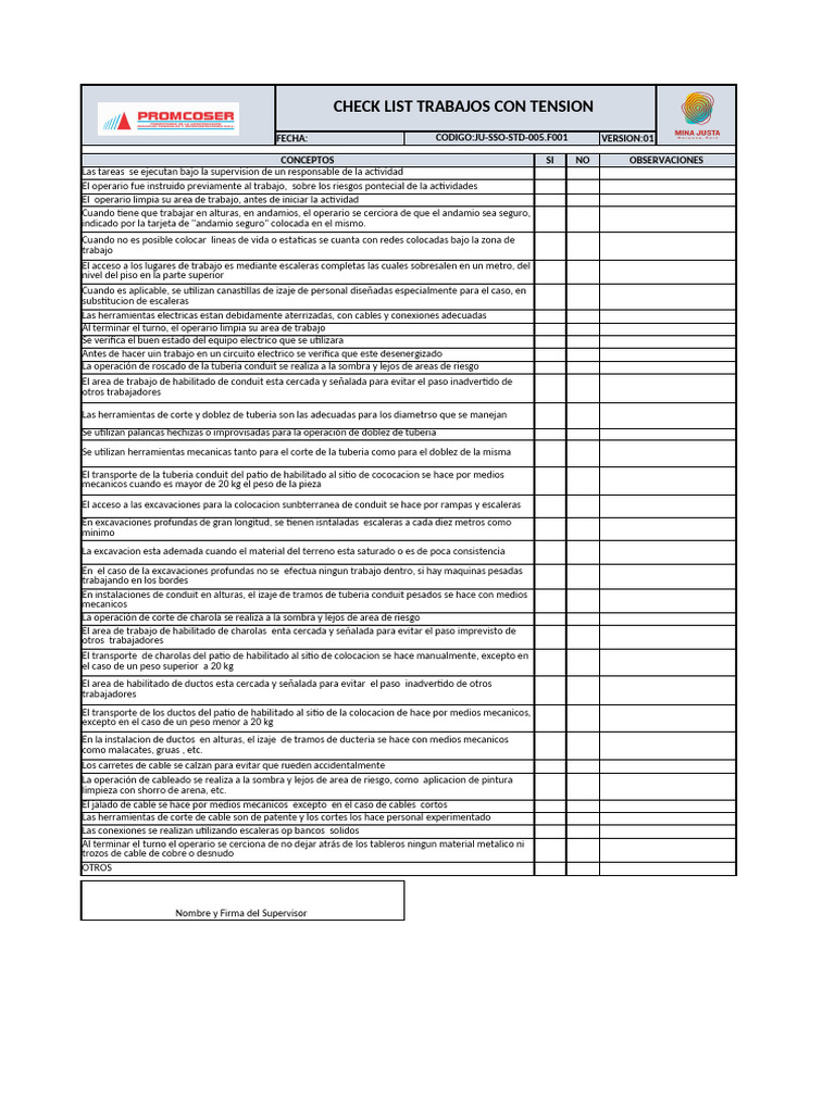 JU-SSO-STD-005.F01 Check List Trabajos en Tension | PDF | Bienes ...