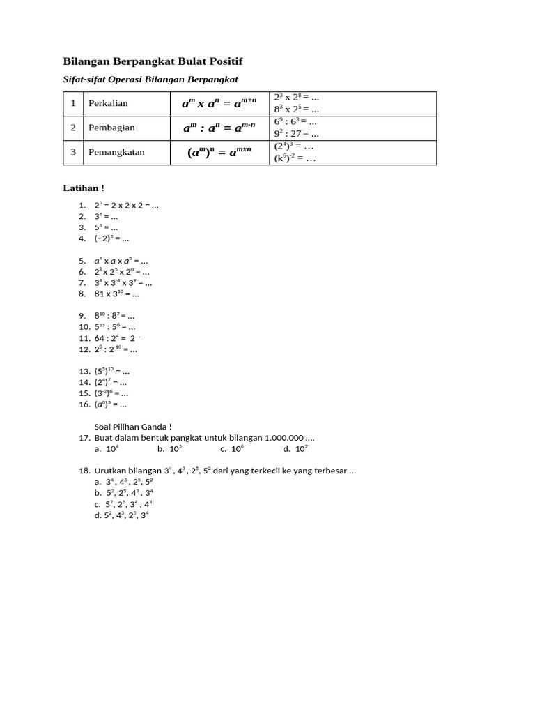 Latihan Bilangan Berpangkat Bulat Positif | PDF