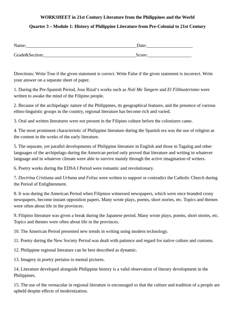 WORKSHEET in 21st Century Literature From The Philippines and The World ...