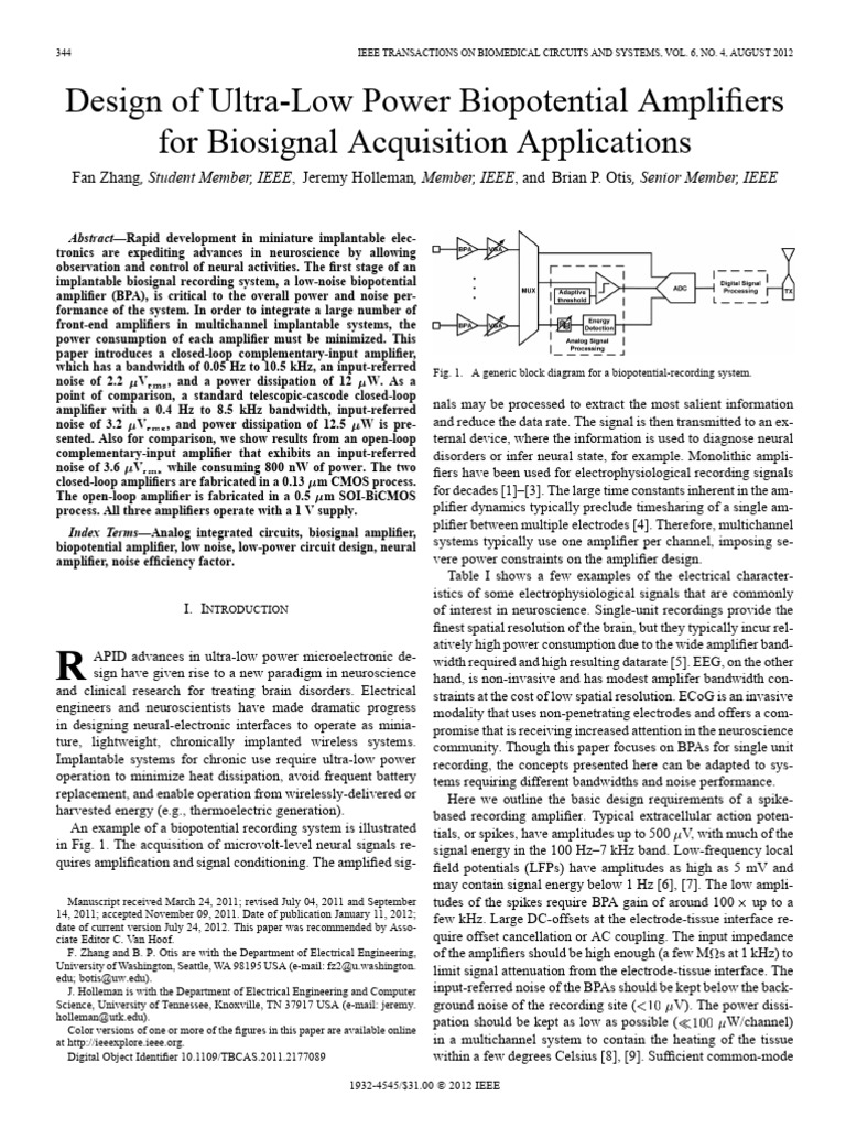 Design of Ultra-Low Power Biopotential Amplifiers For Biosignal Acquisition Applications | PDF ...