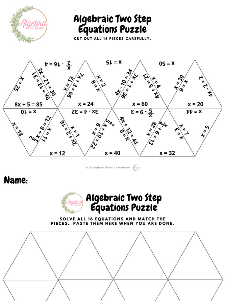 Algebraic Two Step Equations Puzzle: Cut Out All 14 Pieces Carefully ...