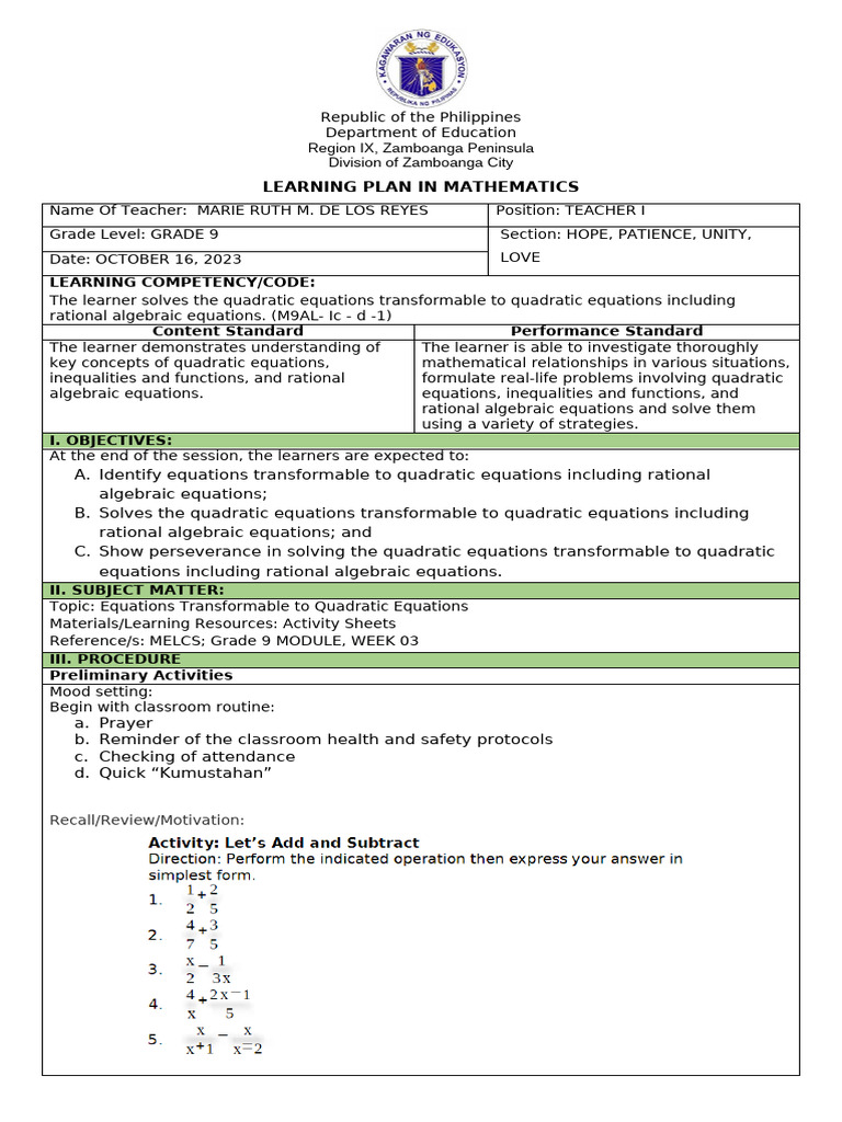 LESSON-PLAN-IN-MATH October 10 | PDF | Equations | Mathematics