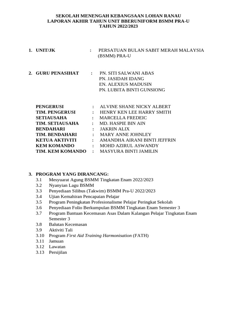 Laporan Akhir Tahun Persatuan BSMM Tahun 2022 2023 | PDF