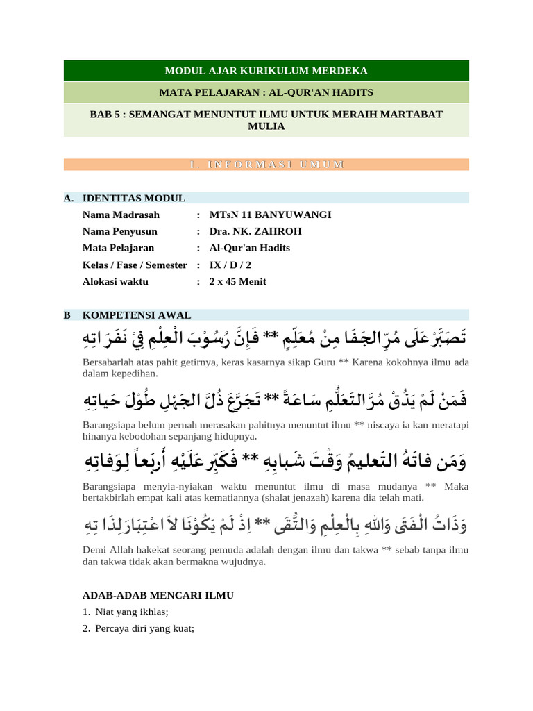 Modul Qurdis 9 Bab 5 - Semangat Menuntut Ilmu Untuk Meraih Martabat Mulia | PDF