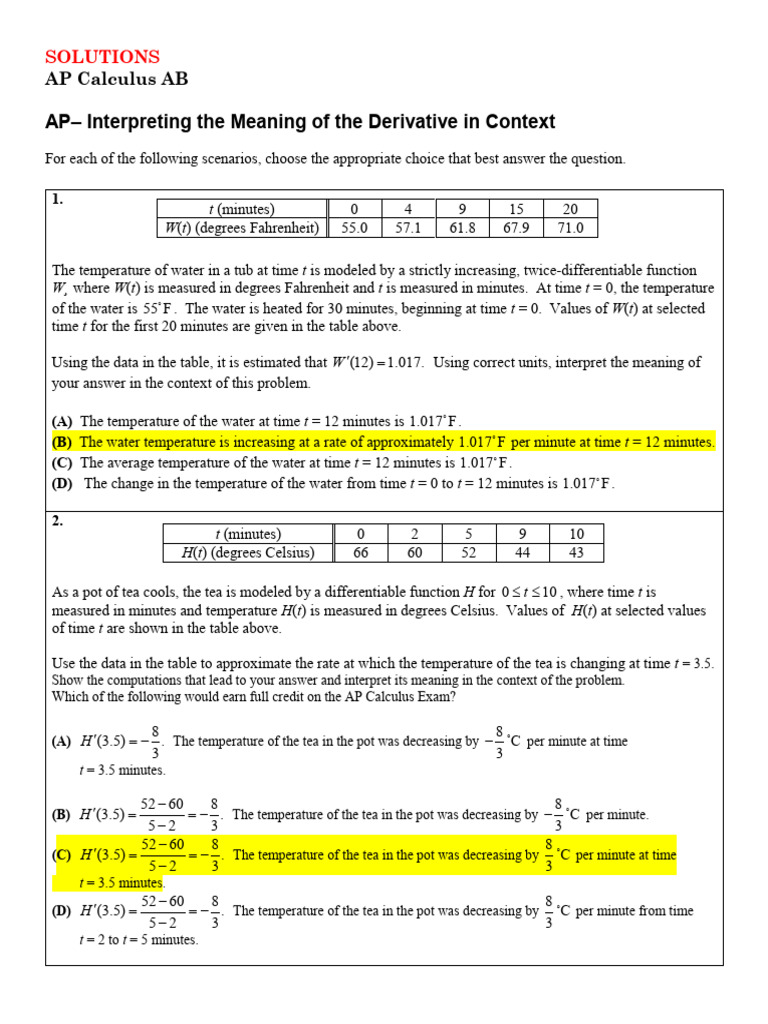Derivative Interpretation Worksheet Solutions | PDF | Metrology