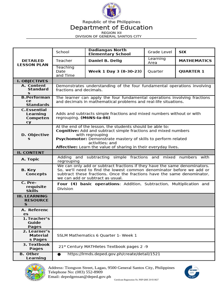 MATH-6-Q1-W1-D3 | PDF | Subtraction | Numbers