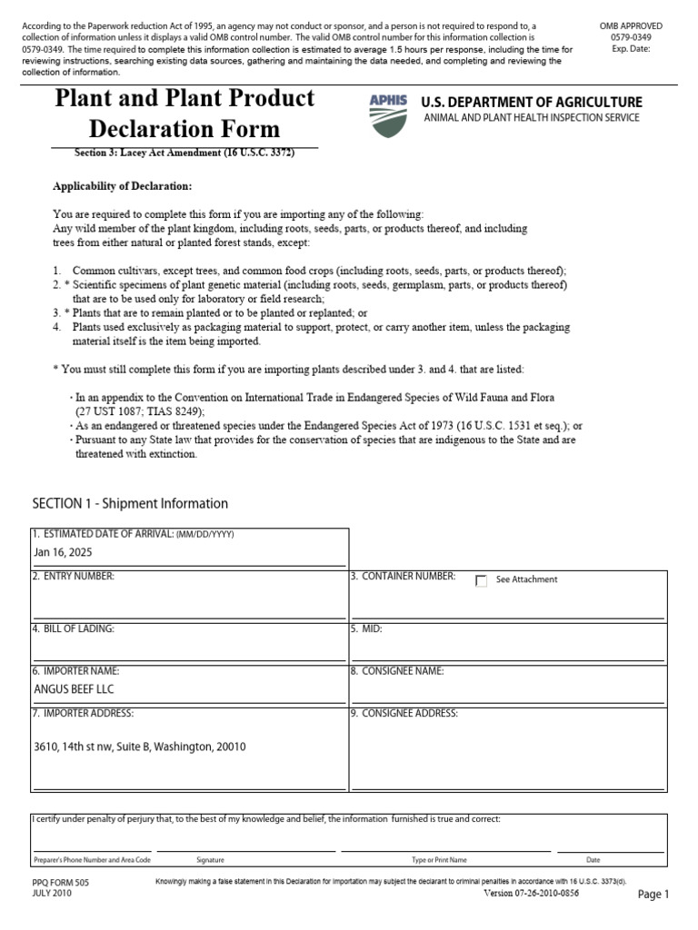Lacey Act - Plant and Plant Product Declaration Form Cdf-Cue-002 | PDF