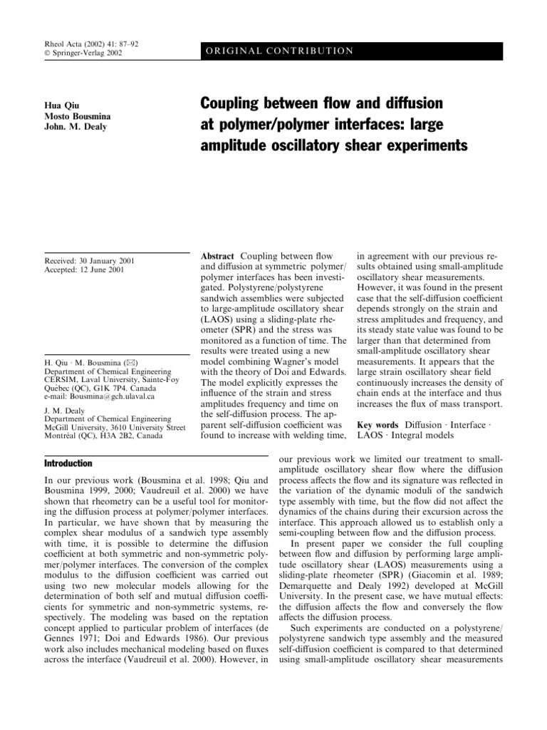 Coupling Between Flow and Diffusion at Polymer Polymer Interfaces Large Amplitude Oscillatory ...