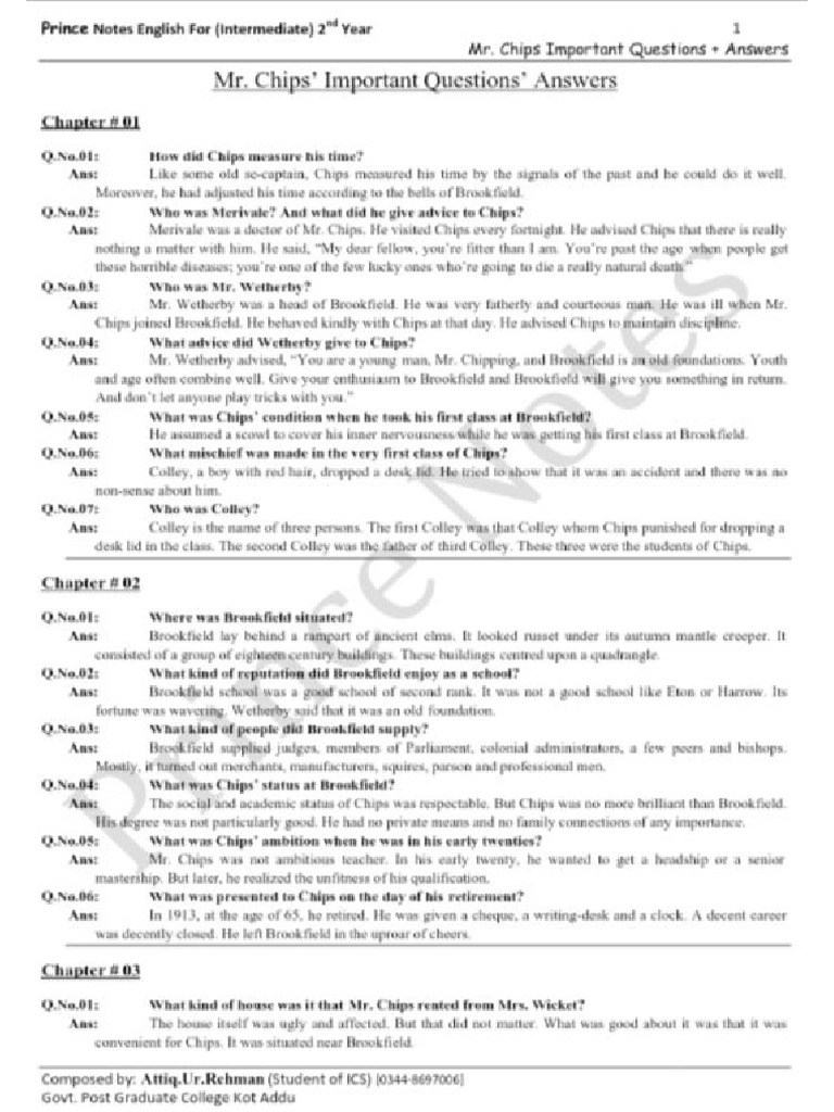 Good Bye Mr.chip Important Short Question 2nd Year | PDF