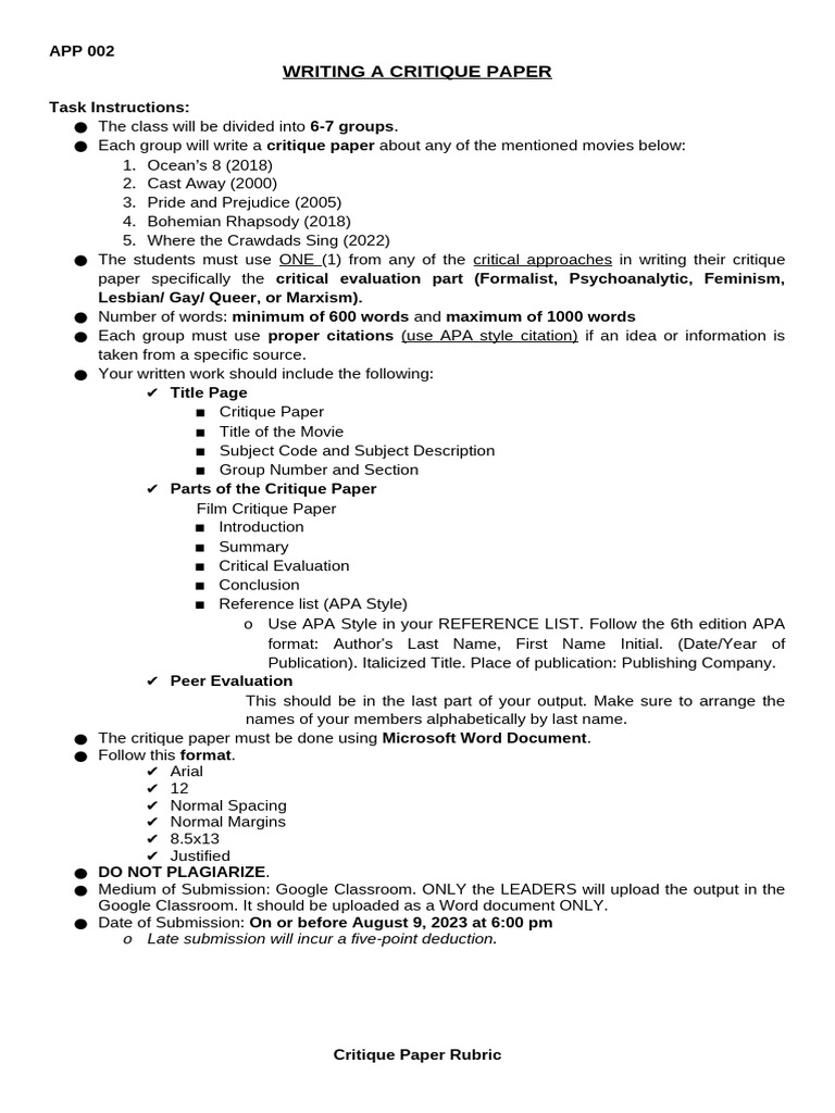 APP 002 Critique Paper | PDF | Apa Style