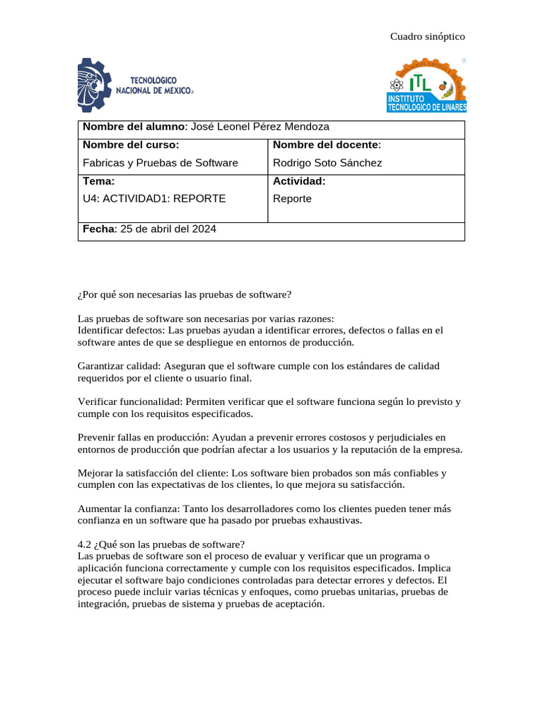 Cuadro Sinoptico Leonel Mendoza | PDF | Software | Pruebas de software